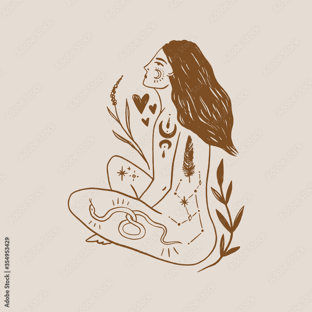 Tattooed girl long hair yoga meditation. Wild moonchild. Modern witch ...