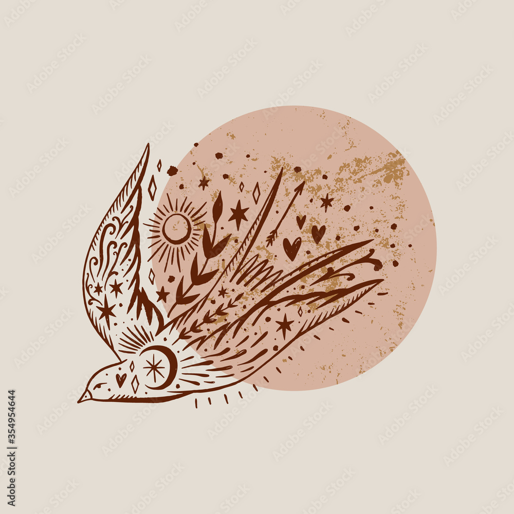 Wild bird. Swallow moonchild. Modern gypsy concept. Love symbol ...