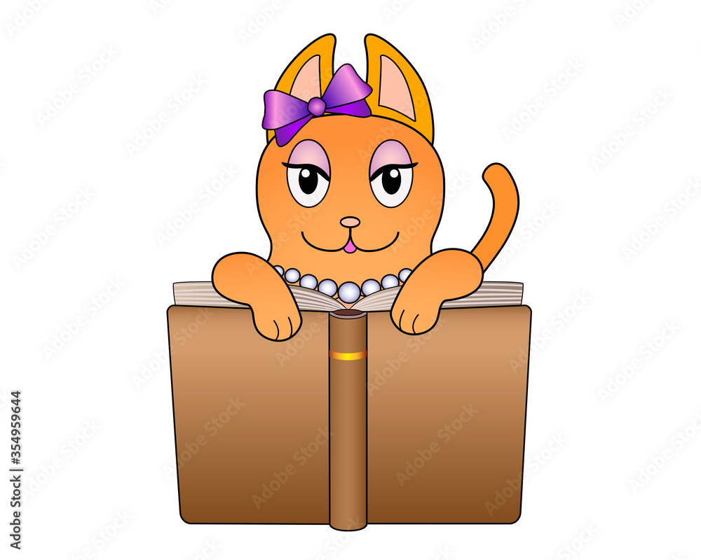 Red-haired cat girl with a purple bow reads a big brown book - full ...