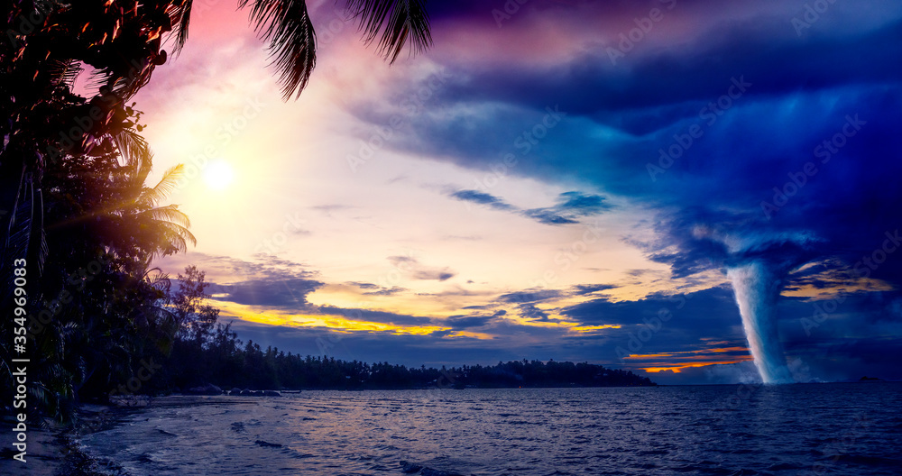 Tropical super cyclone moving towards land at night. Tornado or ...