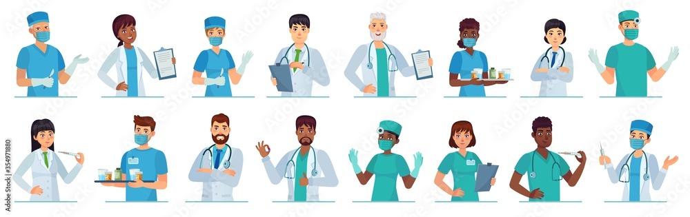 Cartoon medical workers. Doctor portrait, medical student and intern in ...