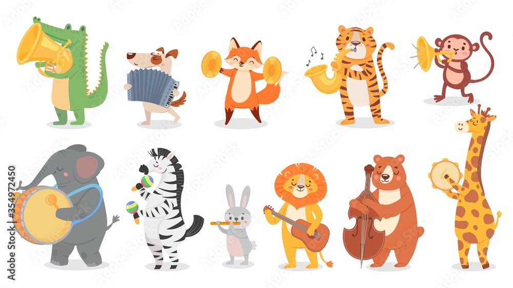 Vetor de Animals play music. Cute animal playing music instruments ...