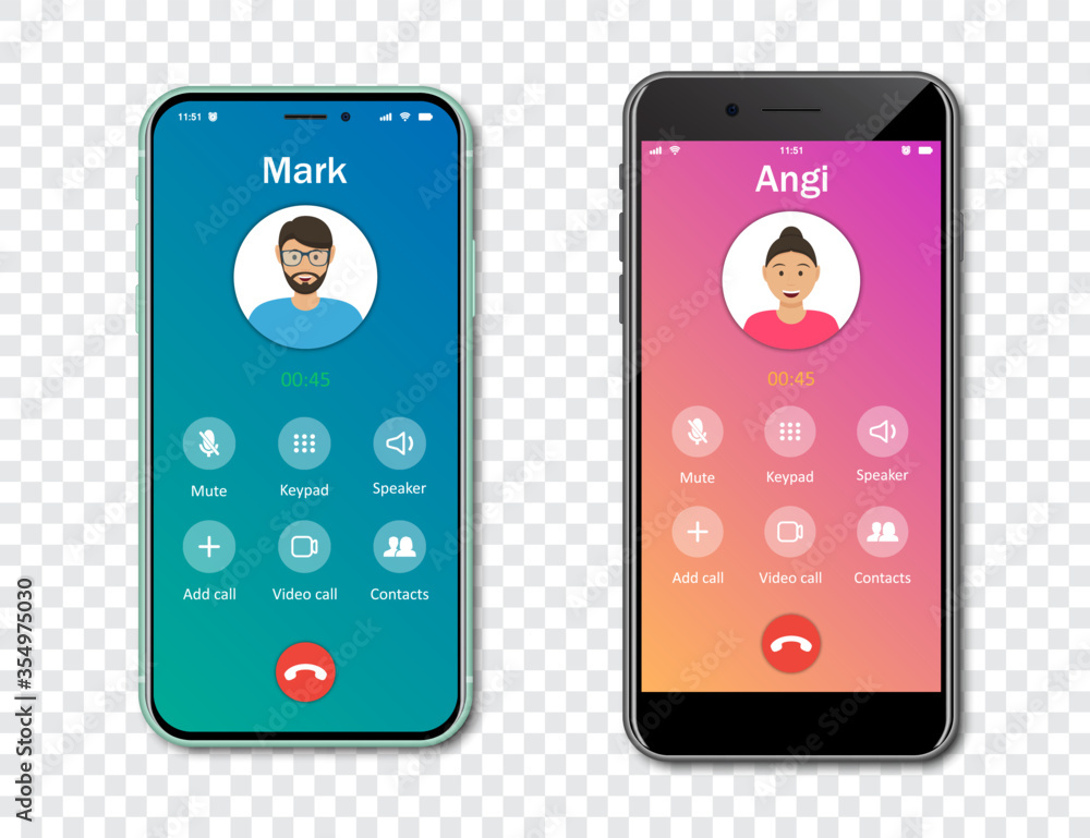 Smartphone call app interface template on a transparent background ...