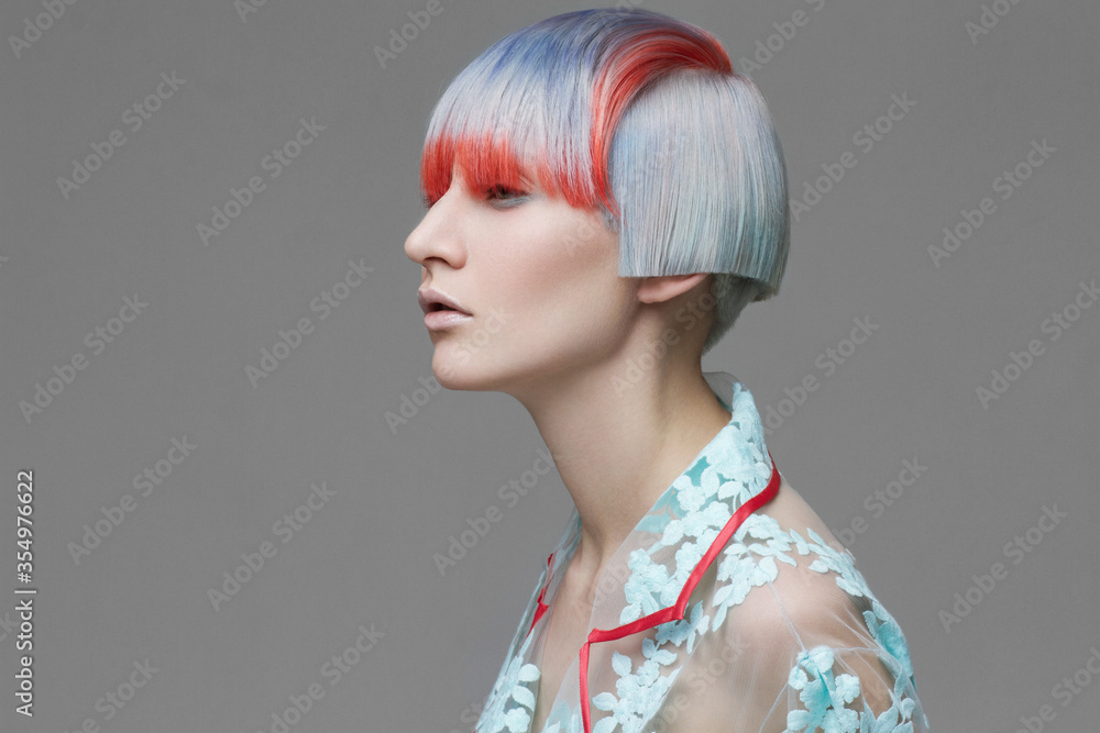 Beauty Fashion Model Girl with Colorful Hair. Girl with perfect Makeup ...
