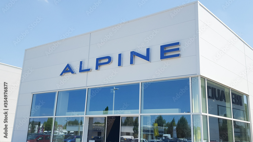 Alpine A110 logo sign on store building of french car dealership of ...