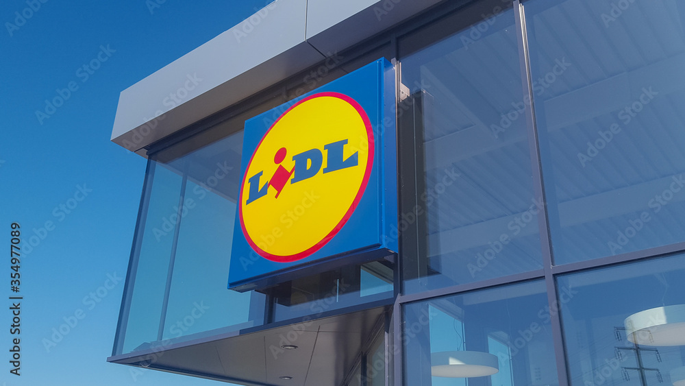 Lidl logo sign store front of hard discount supermarket building shop ...