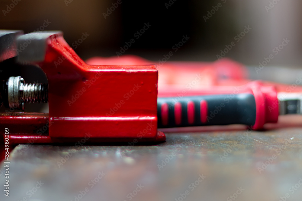 red tools on a work table on a black background, toolroom concept Stock ...