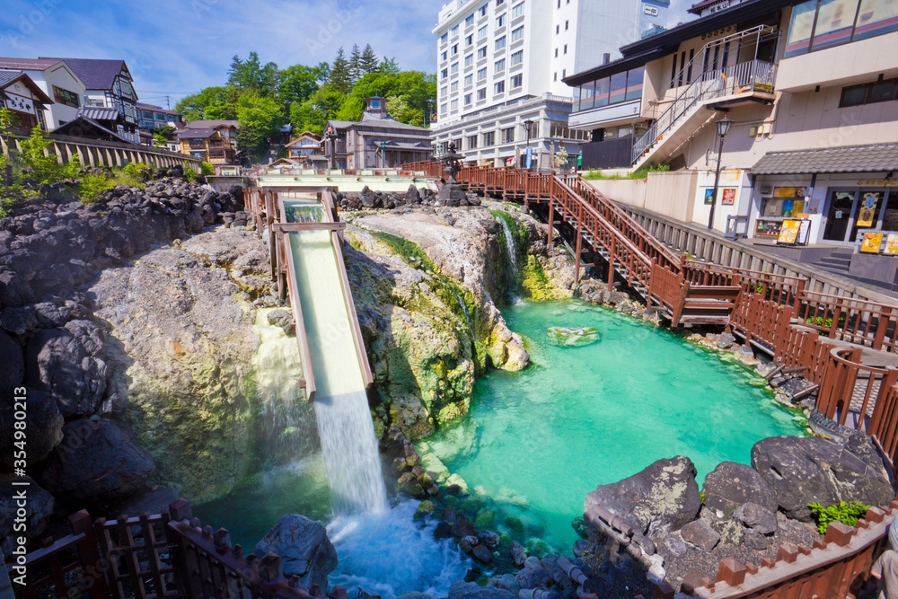 Yubatake onsen, hot spring wooden boxes with mineral water in Kusatsu ...
