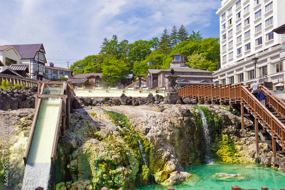 Yubatake onsen, hot spring wooden boxes with mineral water in Kusatsu ...