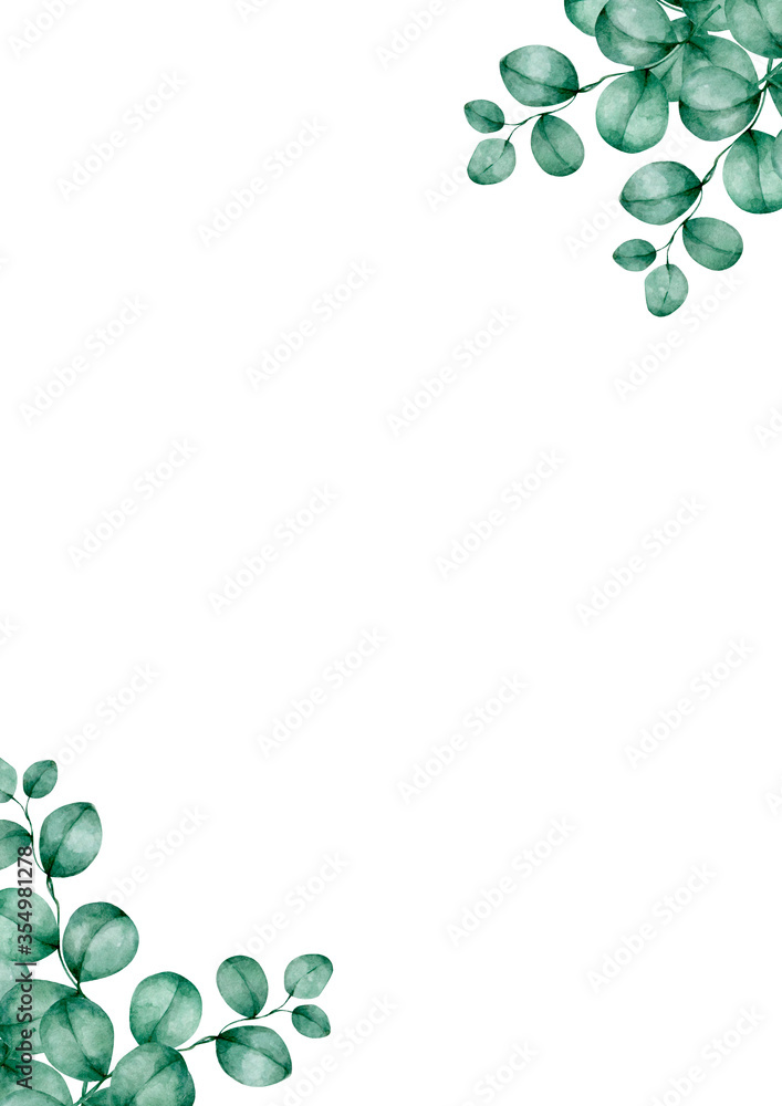Vertical frame template with green floral on white background. Vertical ...