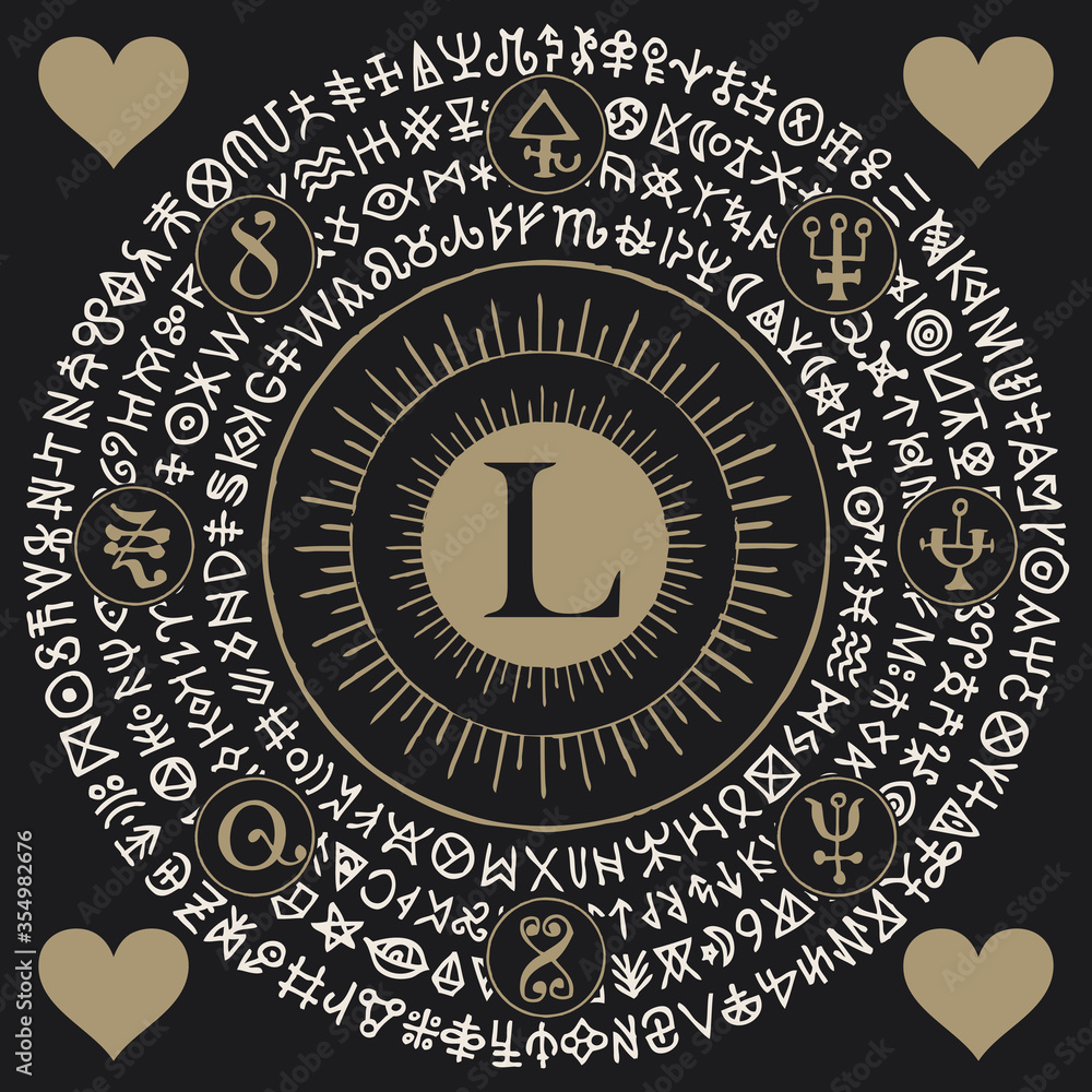 Letter L in the framing of scribbles imitating ancient hieroglyphs ...