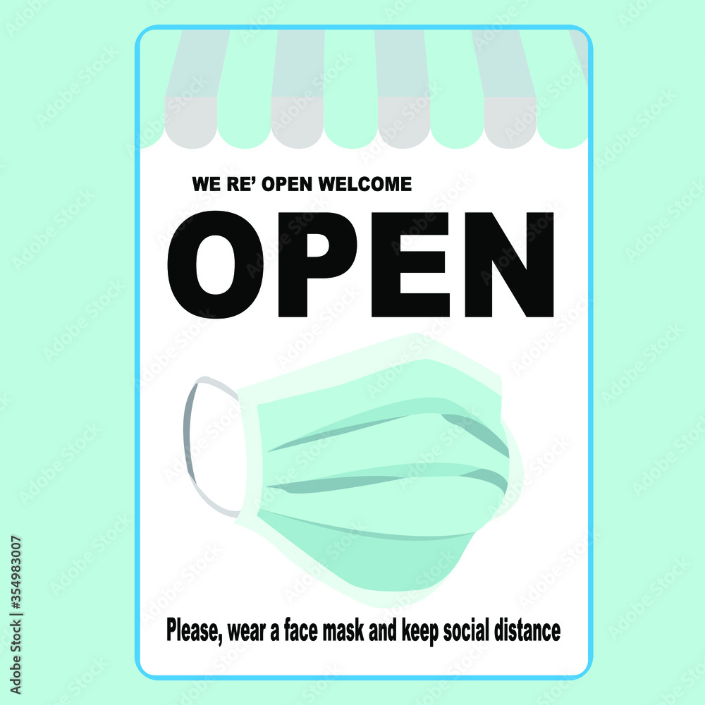 Welcome now open keep social distance and use face mask. Vector.Welcome ...