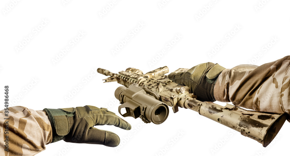 Poster Soldier hands in desert camouflage uniform crawling with ...