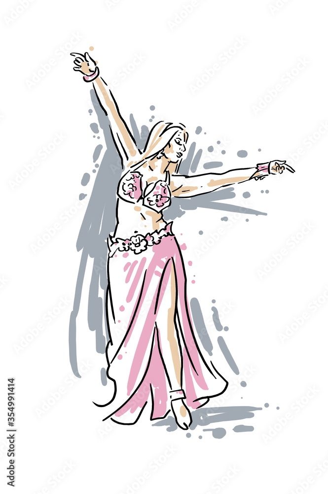 Illustration, a girl with long hair in an oriental costume is dancing ...