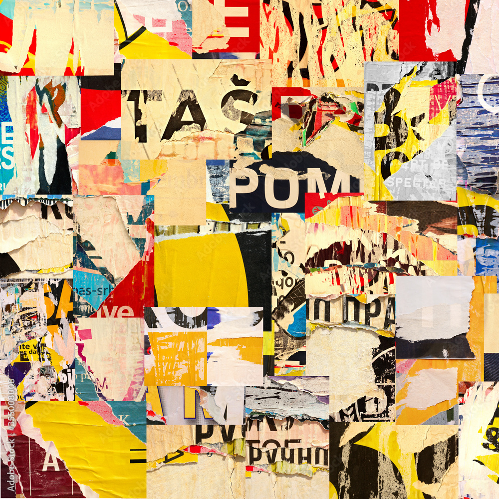 Collage of many numbers and letters ripped torn advertisement street ...