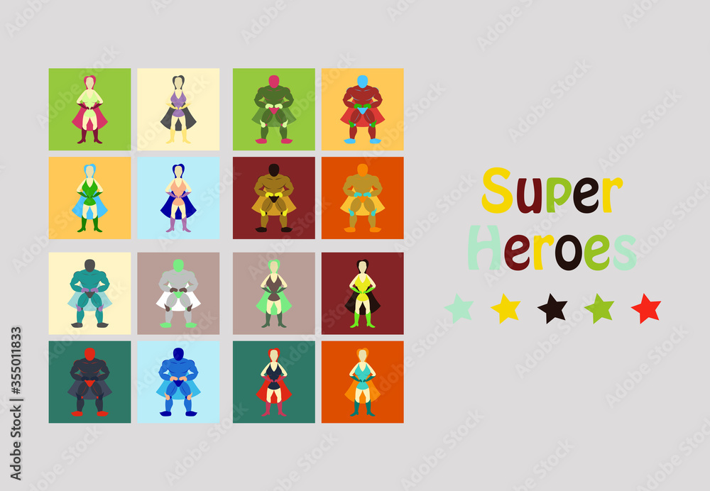 Superhero actions icon set in cartoon colored style different poses ...