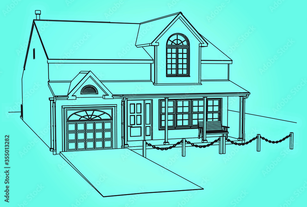 House sketch drawing depicting generic and common architectural design ...