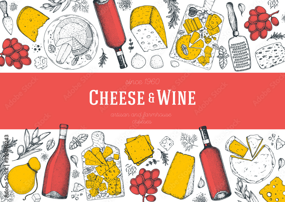 Cheese and wine design template. Hand drawn sketch. Retro food ...
