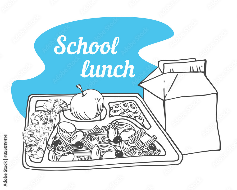 School canteen composition. Tray filled with dinner and drink. Hand ...