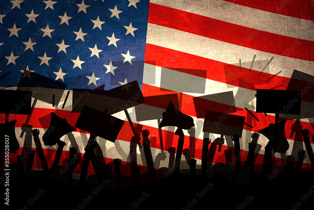 Silhouette of people protesters on American flag background. Crowd ...