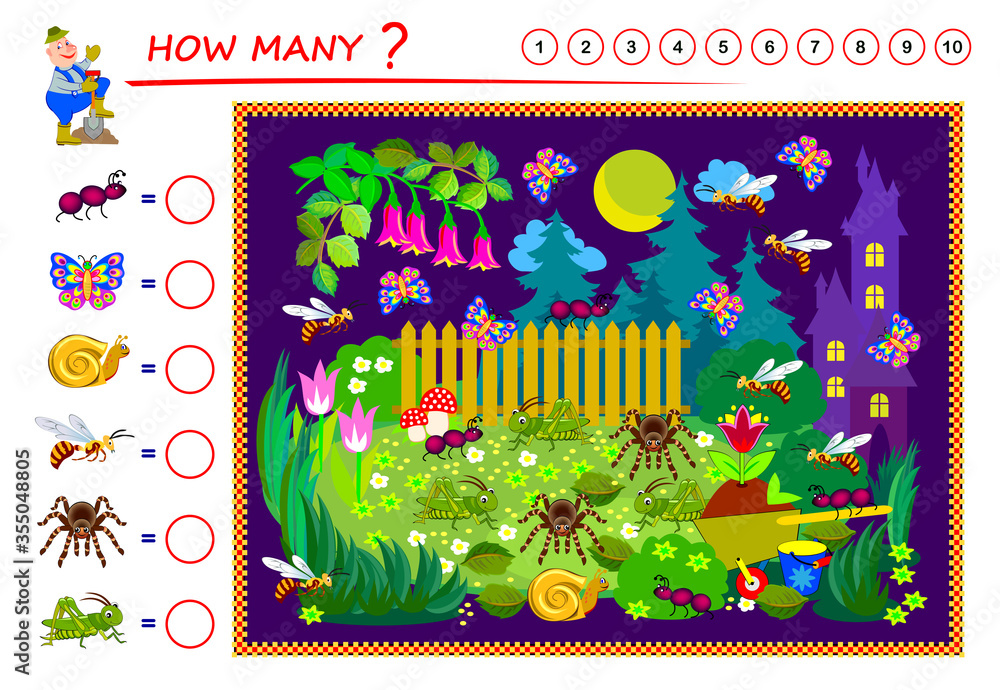 Educational worksheet for kids book. Count the quantity of insects in garden and write numbers ...