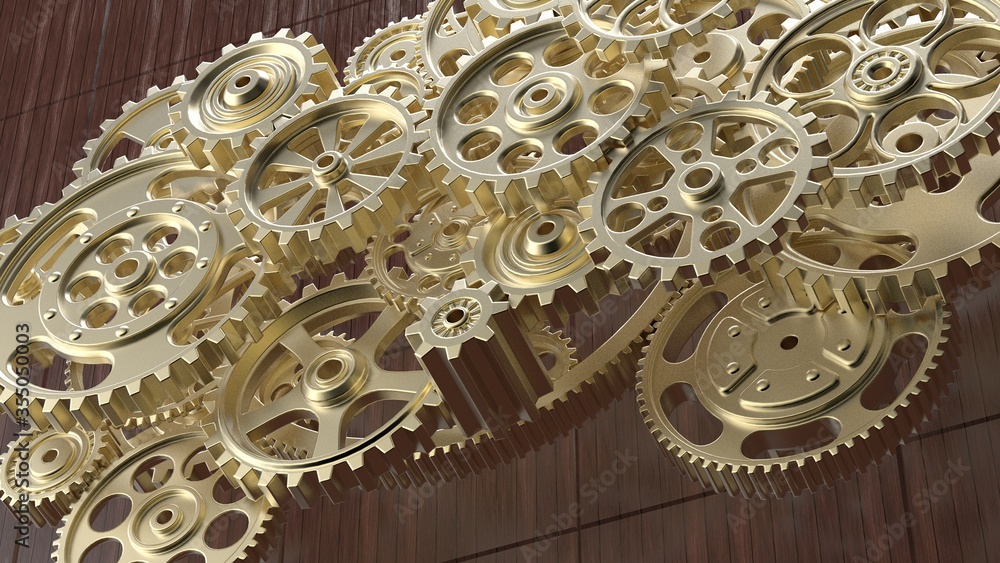 Mechanism gold gears and cogs at work on dark blown wood plate ...