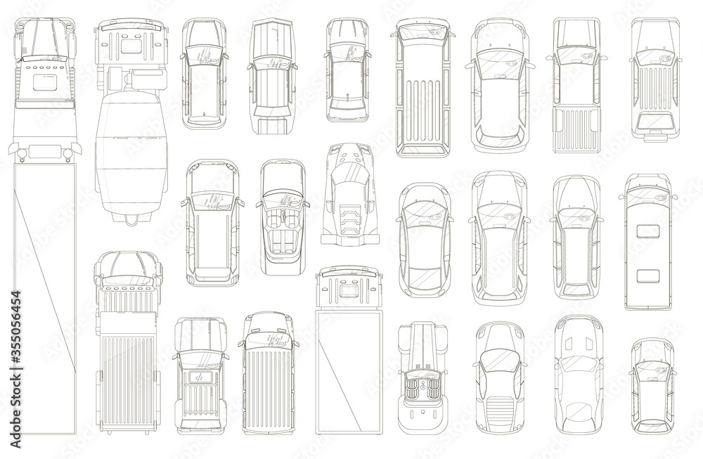 Cars and trucks outline. Various automobiles and trucks motor wheel ...
