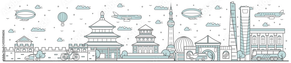China skyline. Line cityscape with traditional building landmarks ...