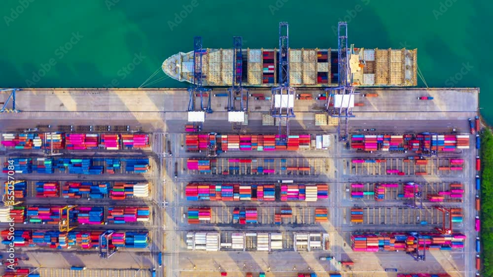 Time lapse 4K, Aerial top view Container cargo freight ship with ...