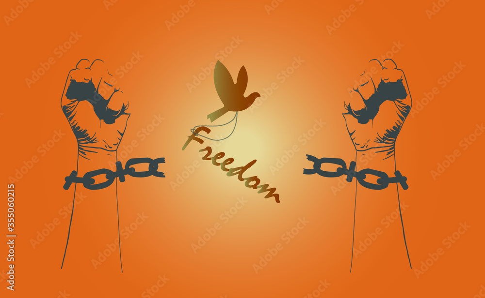 Business freedom concept,Vector silhouette of hands and broken chains ...