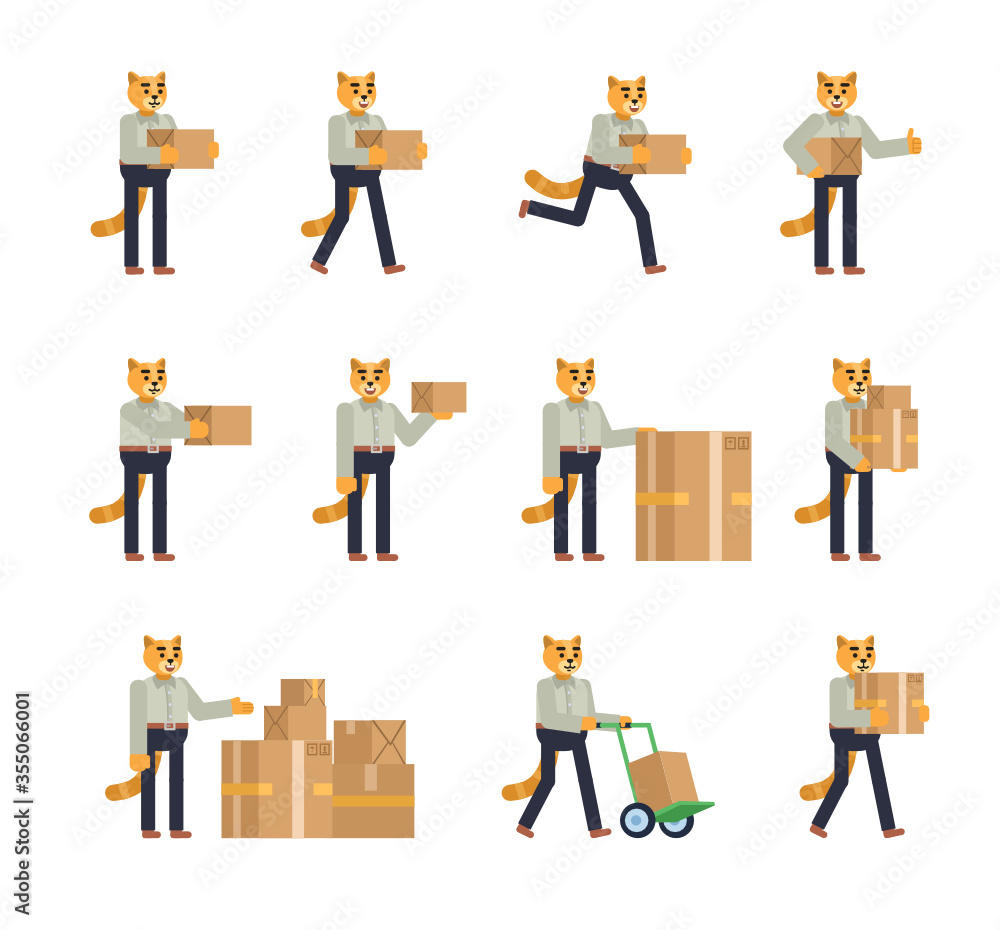 Set of cat characters in grey shirt posing with parcel box. Cheerful ...