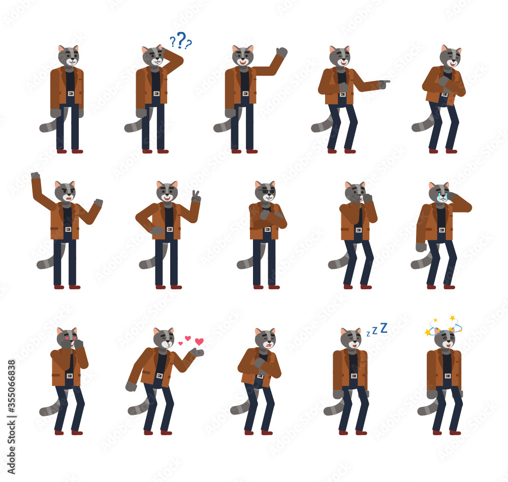 Set of cat characters in brown jacket showing various emotions. Cat ...