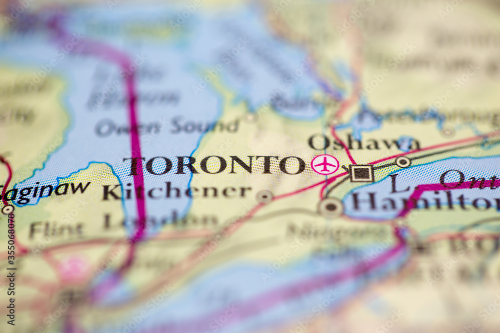 Shallow depth of field focus on geographical map location of Toronto ...