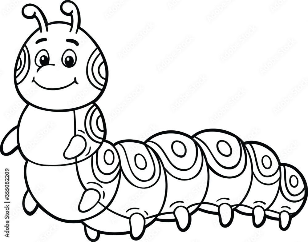 Vector Cartoon Cute Happy Caterpillar Line Art Stock Vector | Adobe Stock