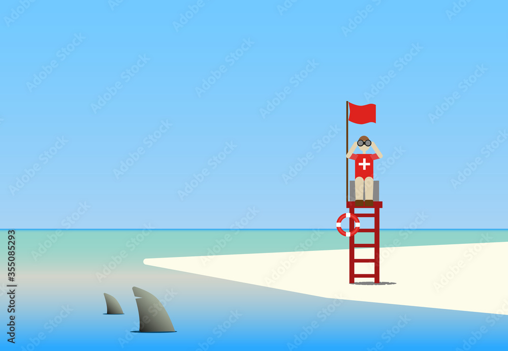 Red flag, Life Guard on a beach watching out for sharks in the water ...