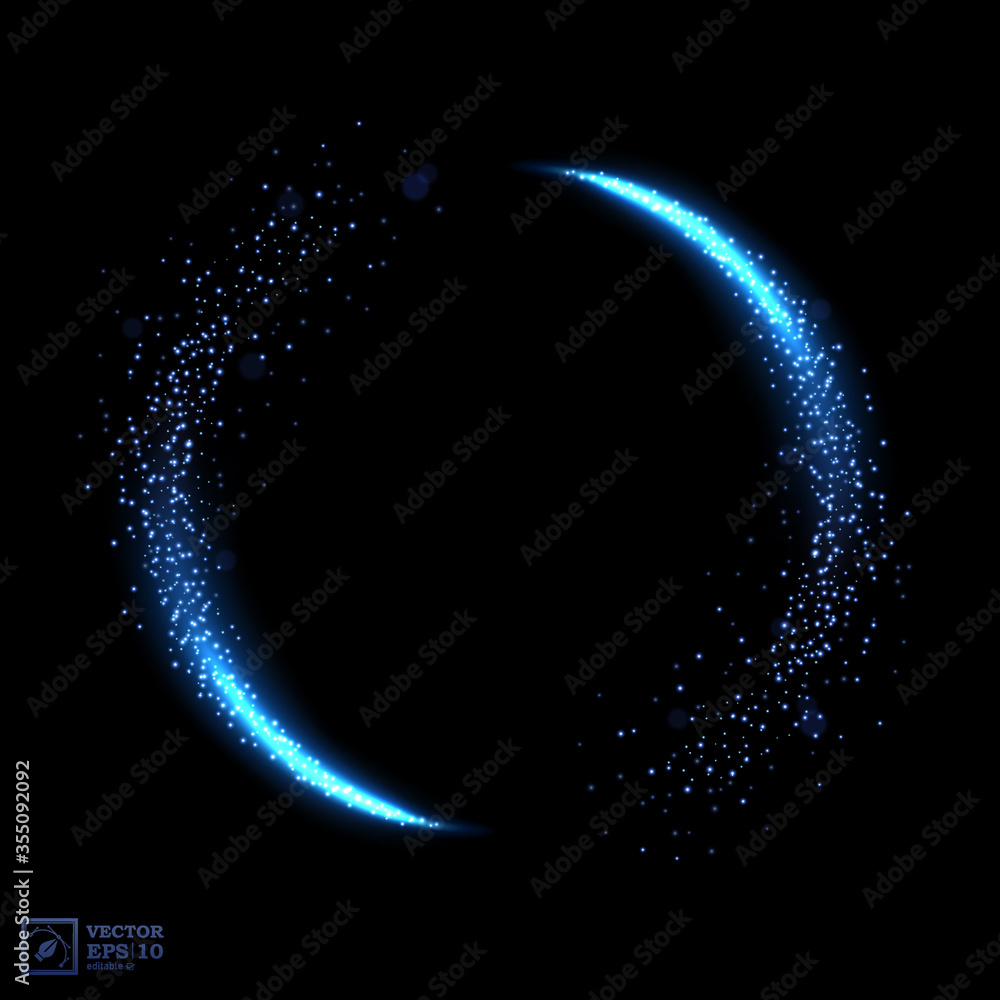 Abstract blue line of light with blue sparks, on a transparent ...