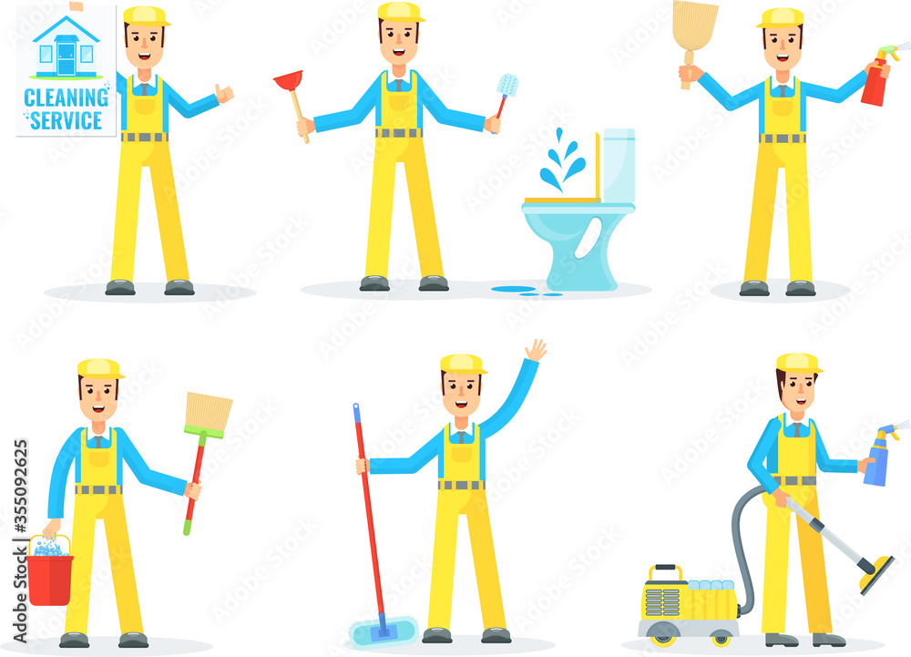 Cleaning service staff team. and private homes. Vector flat cartoon ...