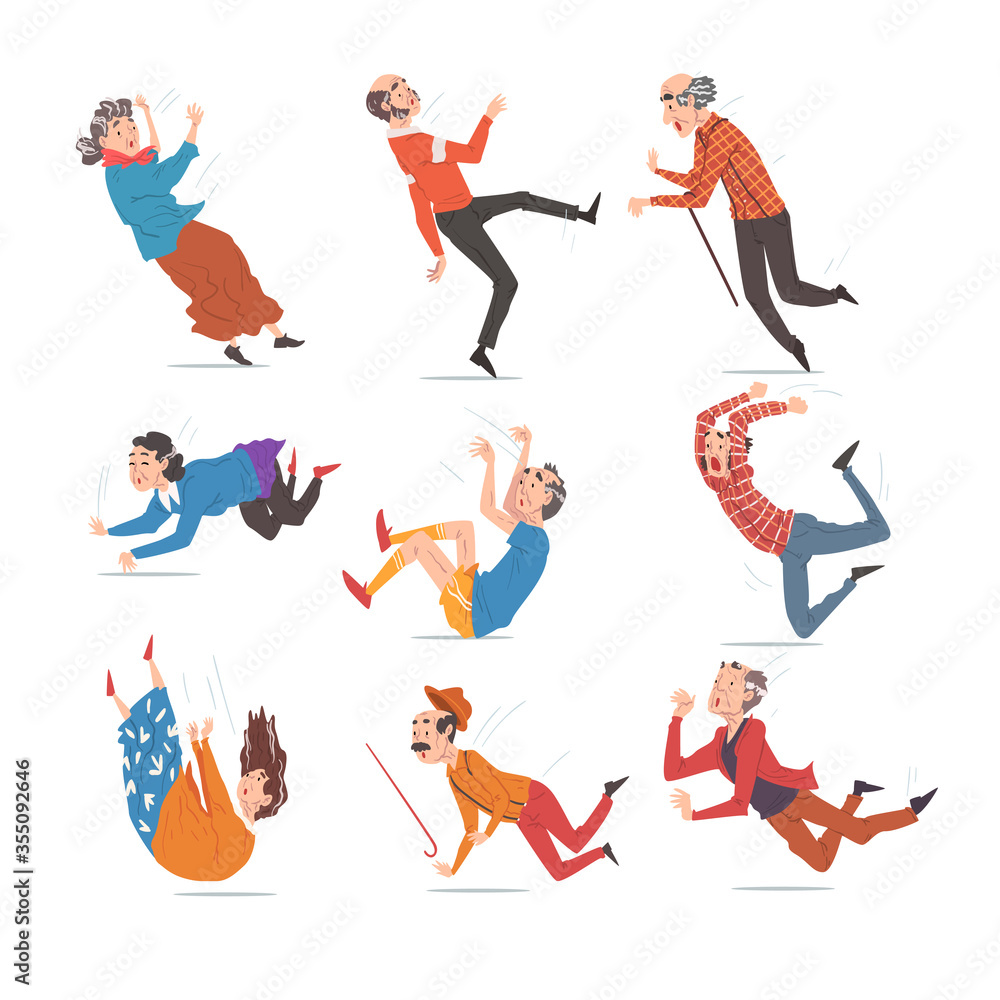 Elderly People Falling Down Set, Retired Male and Female Persons ...
