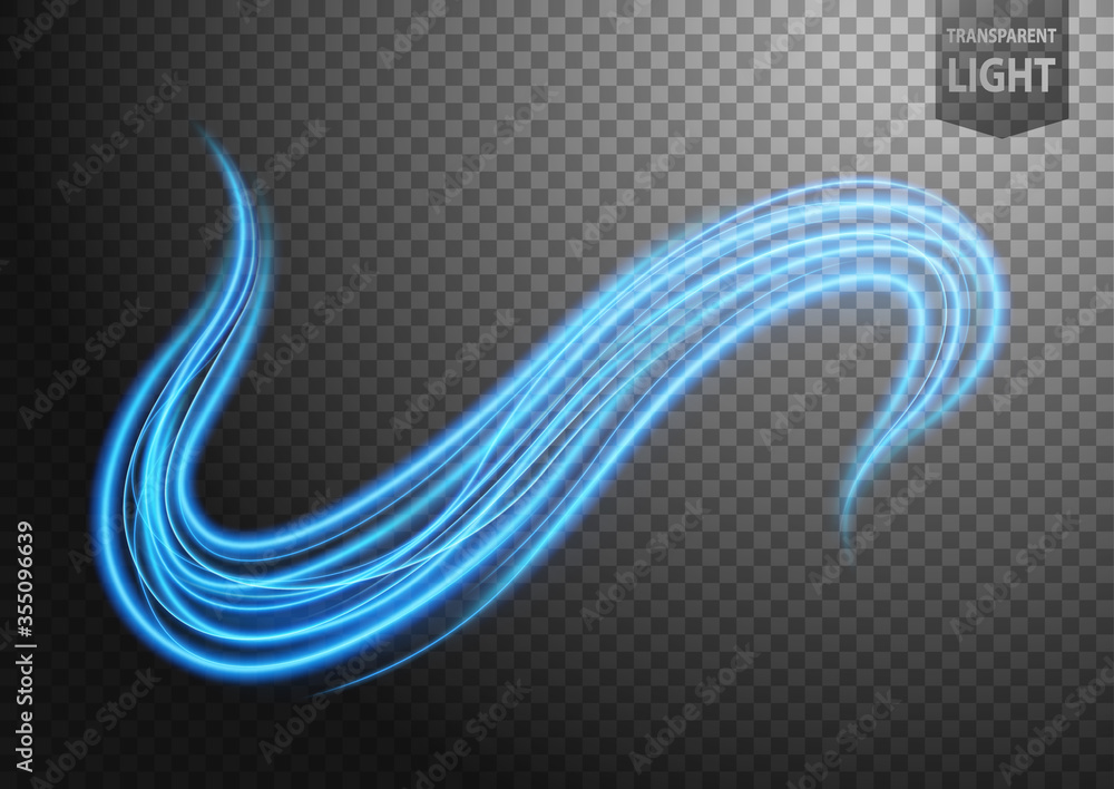 Abstract blue wavy line of light with a transparent background ...