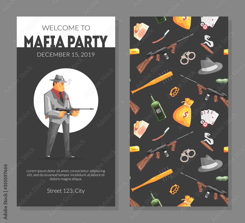 Mafia Party Card Template with Gangsters Objects Pattern, Invitation ...