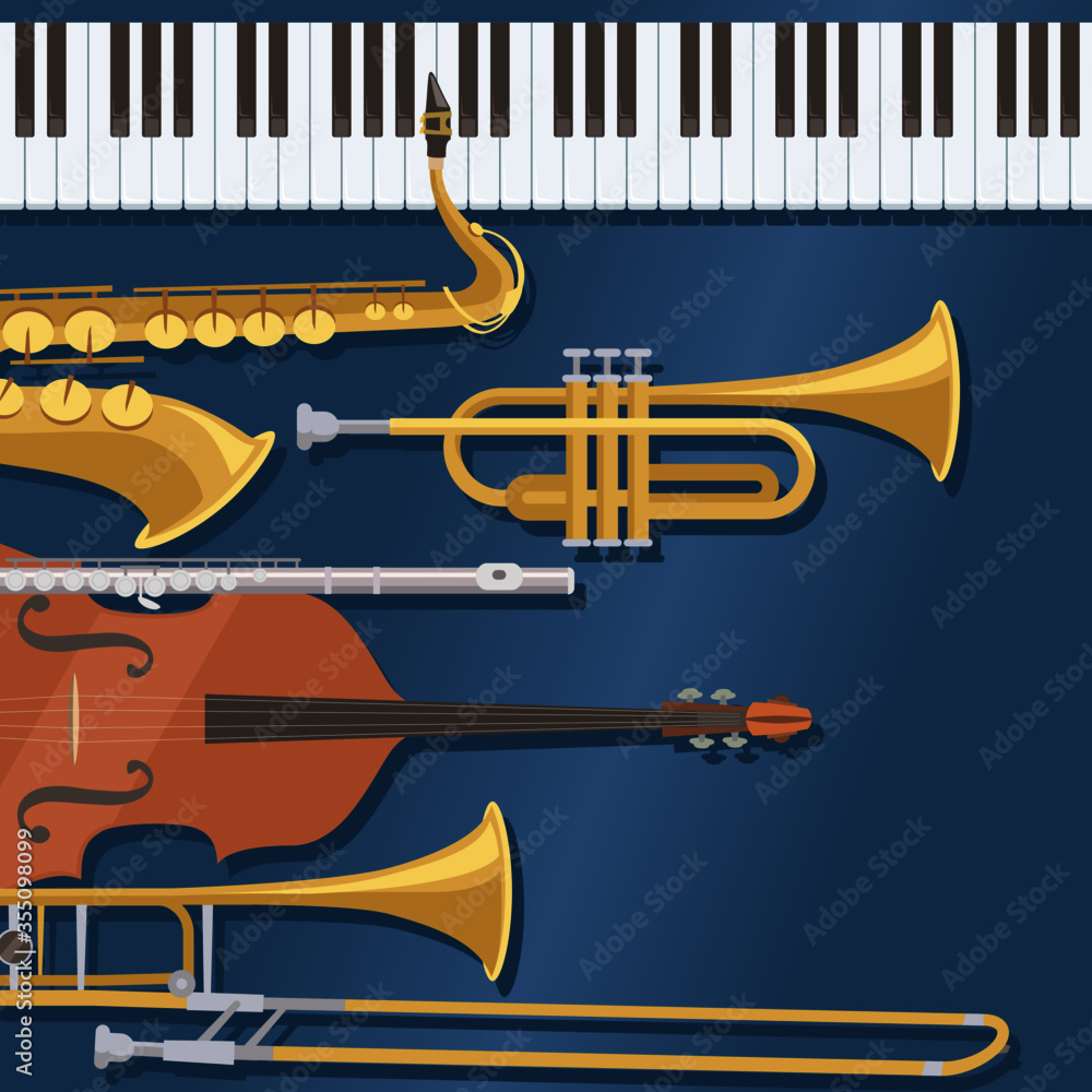 Musical instruments on midnight blue background. Used for jazz ...