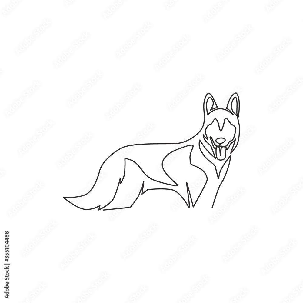 Single continuous line drawing of simple cute siberian husky puppy dog ...