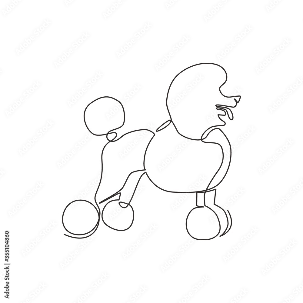 One single line drawing of simple cute poodle puppy dog icon. Pet shop ...
