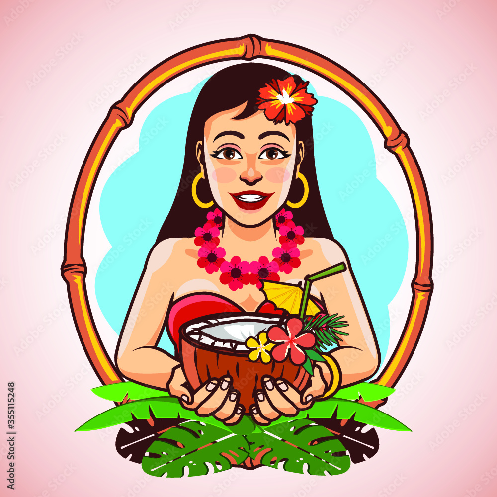 Hawaii Hula Girl Dancer Carrying Coconut Cocktail Mascot Logo Stock ...