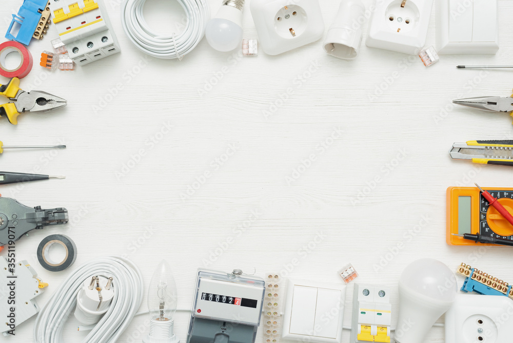 Electric equipment and work tools concept flat lay background with copy ...