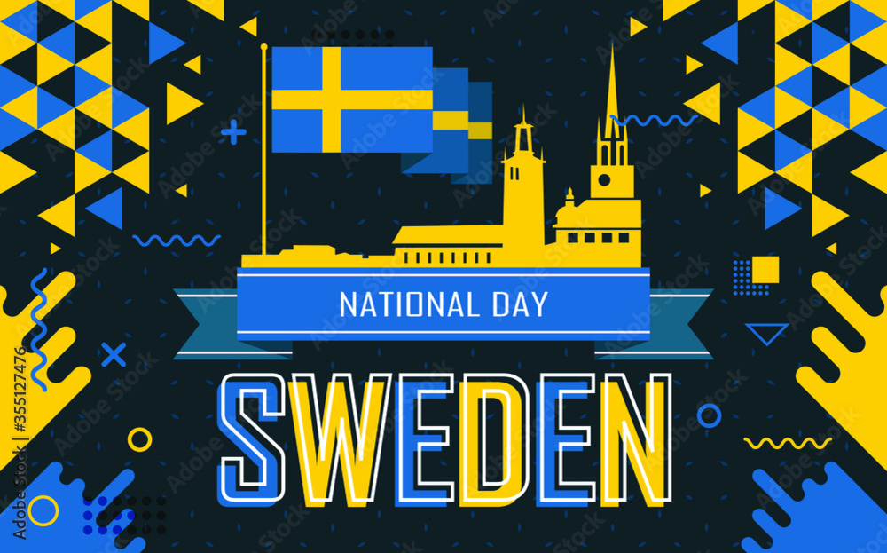 National day of Sweden banner with geometric retro icons and Swedish ...