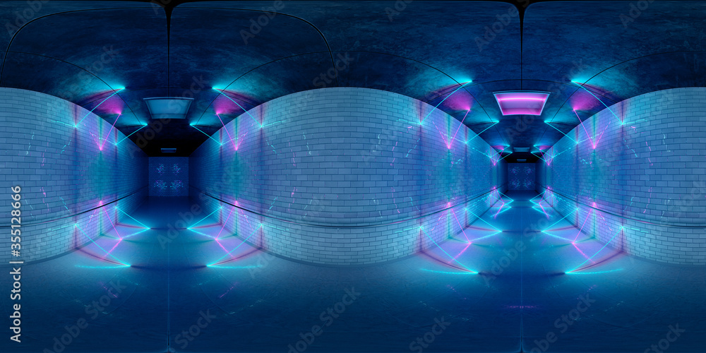 Futuristic HDRI underground interior with glowing blue and pink neon ...