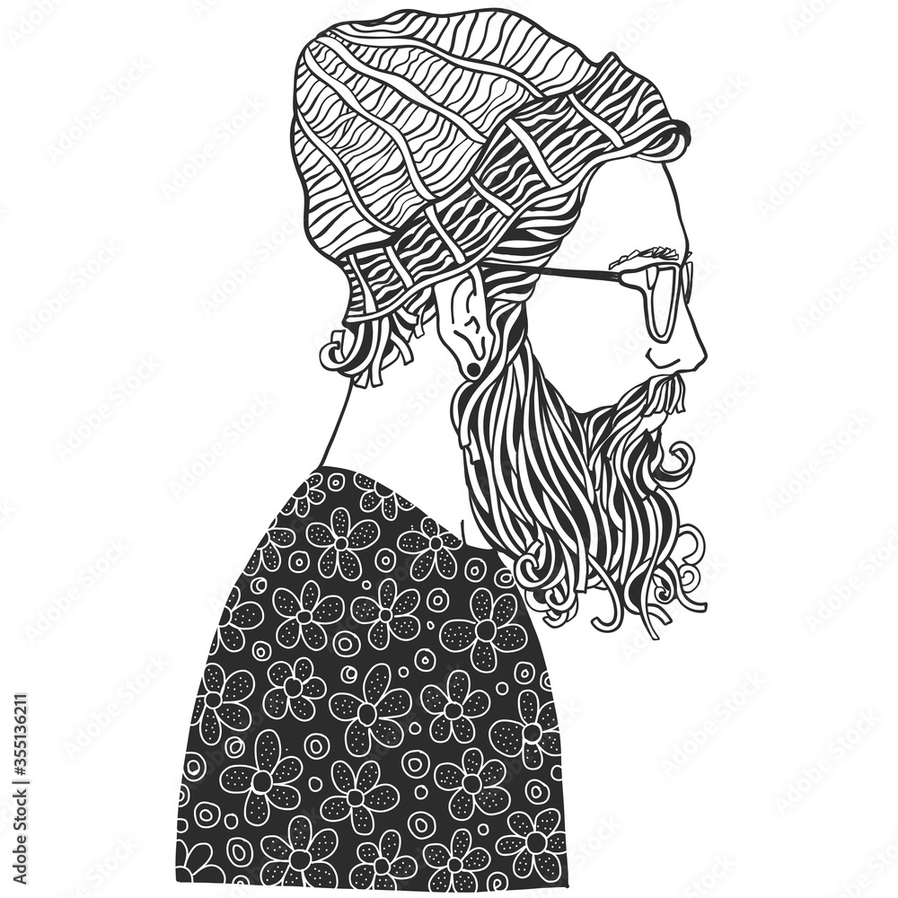 Bearded man in a hat. Coloring book page for adults. Hand-drawn man ...