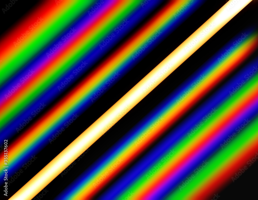 Linear LED luminaire observed through a phase diffraction grating. The ...