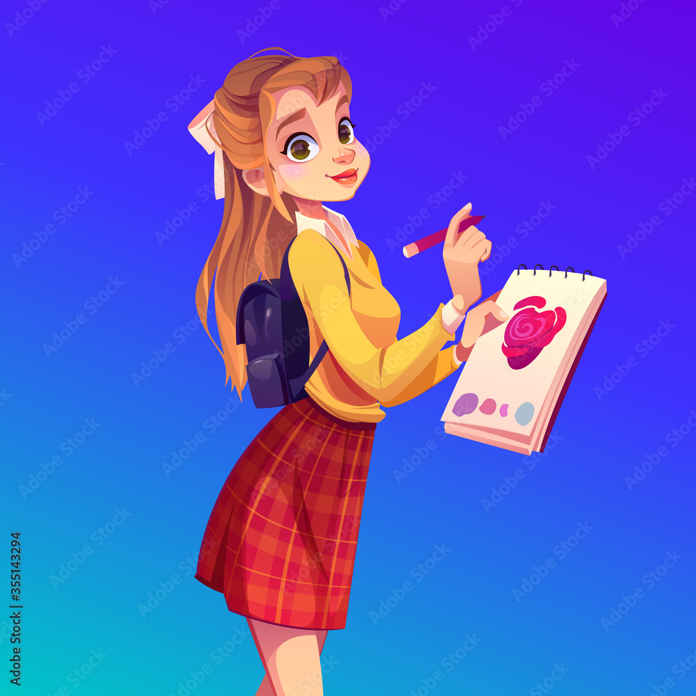 Woman painter with notebook and pencil. Girl student drawing pink heart ...